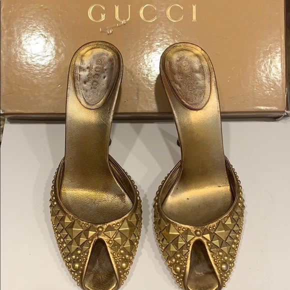Gucci | Shoes | Gucci Gold Studded Peep Toe Slides Size 375 | Poshmark
